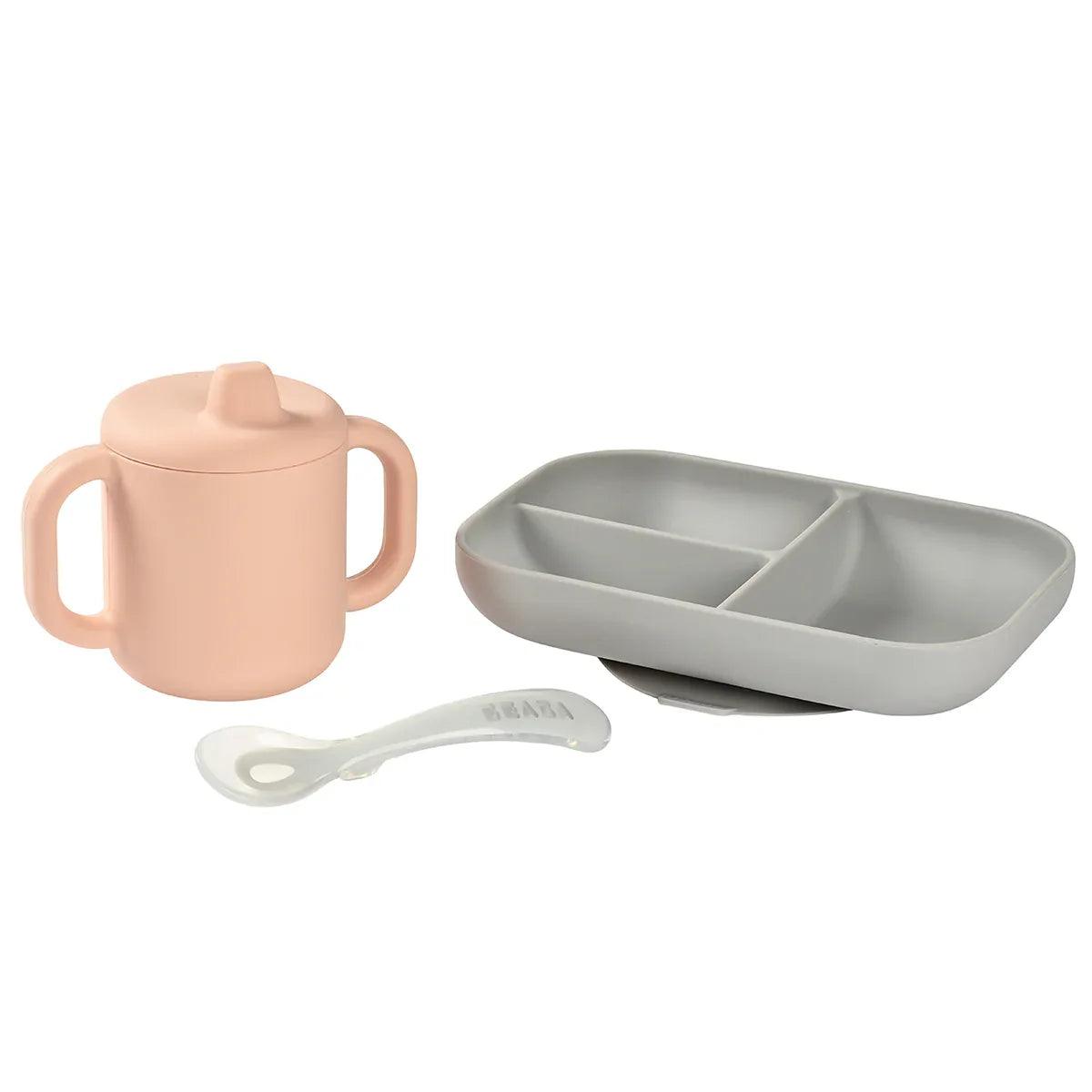 Beaba Silicone Learning Feeding Set - Grey/Pink | Pupsik Singapore